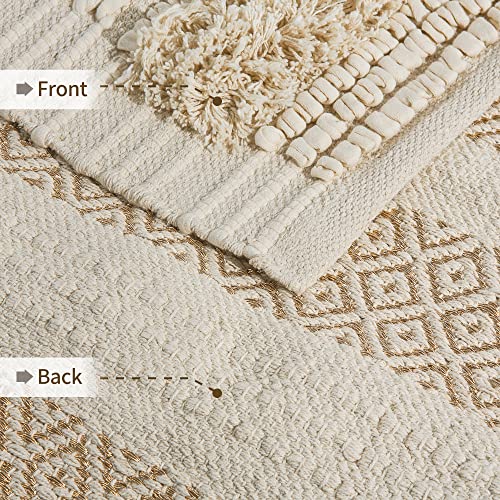 SUMGAR Beige 2x3 Area Rug Boho Rugs Cotton Woven Textured Thick Cream Neutral Throw Rug,Handmade Tufted Knoted Soft Carpet with Sparkle Gold Metalic Pattern for Living Room Bedroom Entryway