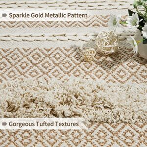 SUMGAR Beige 2x3 Area Rug Boho Rugs Cotton Woven Textured Thick Cream Neutral Throw Rug,Handmade Tufted Knoted Soft Carpet with Sparkle Gold Metalic Pattern for Living Room Bedroom Entryway