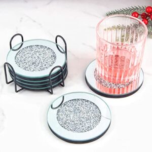 crushed glass coaster set of 6 glass mirrored coaster, diamond crystal coasters, silver cup mat with black coasters holder (silver)