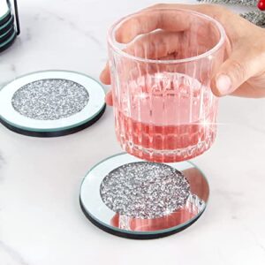 Crushed Glass Coaster Set of 6 Glass Mirrored Coaster, Diamond Crystal Coasters, Silver Cup Mat with Black Coasters Holder (Silver)