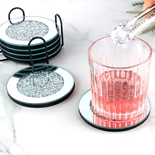 Crushed Glass Coaster Set of 6 Glass Mirrored Coaster, Diamond Crystal Coasters, Silver Cup Mat with Black Coasters Holder (Silver)