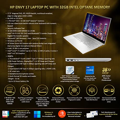 HP Envy 17T 2021 i7-1165G7 11th Gen, Win 11 Pro, 16GB RAM, 1TB Intel SSD+32GB Optane Memory, 17.3" FHD Touch, 1Yr MS Office365, WiFi 6, B&O Speakers, 4 Cell Battery, Intel XE, 64GB TW Pen Drive