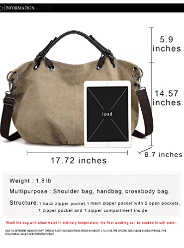 Eamom Extra Large Crossbody bags for Women Handbag Hobo Bag Canvas Purse Women's Clutch Handbags Shoulder Purse (Deep khaki)