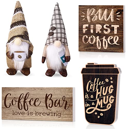 5 Pcs Coffee Tiered Tray Decor Set, Coffee Decor for Coffee Bar, Include 2 Pcs Rustic Coffee Gnomes and 3 Pcs Farmhouse Coffee Bar Tiered Tray Wood Signs for Coffee Bar Decorations