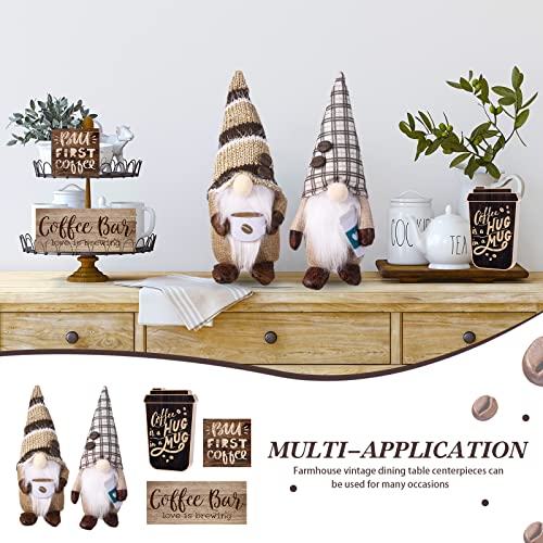 5 Pcs Coffee Tiered Tray Decor Set, Coffee Decor for Coffee Bar, Include 2 Pcs Rustic Coffee Gnomes and 3 Pcs Farmhouse Coffee Bar Tiered Tray Wood Signs for Coffee Bar Decorations