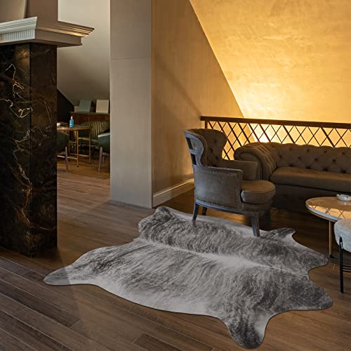 Softlife Faux Cowhide Rug, 4.6 x 5.2 Feet Cow Hides and Skins Rug for Living Room, Western Rug for Decorating Room, Cute Cow Area Rugs for Home, Faux Animal Fur Rug, Grey