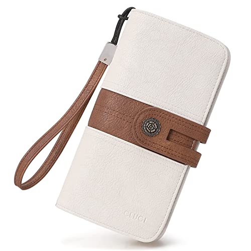 CLUCI Women Wallet Large Leather Designer Card Holder Organizer Long Ladies Travel Clutch Wristlet Two-toned Beige With Brown