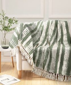 godimerhea green throw blanket cotton white boho striped decorative blankets for couch sofa bed, soft cozy knit with tassel, rustic shabby chic, 50″ x 60″