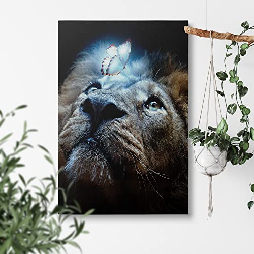 Framed Lion Canvas Wall Art With Butterfly Motivational Office Decor Ferocious VS Weak Symbol Peace For Any Room Space Ready To Hang - 12"x16"