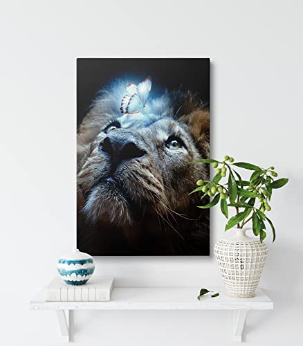 Framed Lion Canvas Wall Art With Butterfly Motivational Office Decor Ferocious VS Weak Symbol Peace For Any Room Space Ready To Hang - 12"x16"