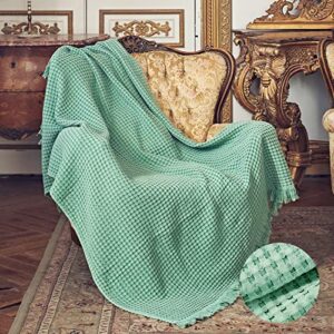 amélie home 100% cotton waffle knit throw blanket, soft lightweight blanket with tassels, decorative breathable textured throw blankets for couch bed sofa, 50×60, green