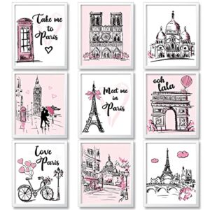 pajean 9 pieces paris wall art prints, pink eiffel tower bedroom decor romantic paris theme room decor unframed art poster decor for girls living room bathroom kitchen office decor, 8 x 10 inch