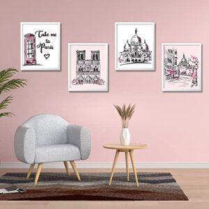 Pajean 9 Pieces Paris Wall Art Prints, Pink Eiffel Tower Bedroom Decor Romantic Paris Theme Room Decor Unframed Art Poster Decor for Girls Living Room Bathroom Kitchen Office Decor, 8 x 10 Inch