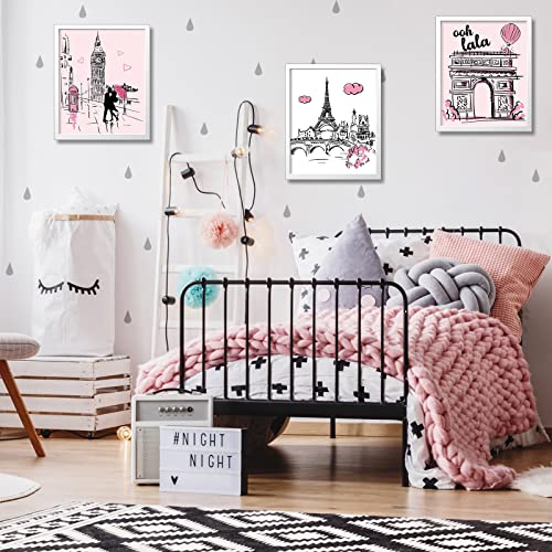 Pajean 9 Pieces Paris Wall Art Prints, Pink Eiffel Tower Bedroom Decor Romantic Paris Theme Room Decor Unframed Art Poster Decor for Girls Living Room Bathroom Kitchen Office Decor, 8 x 10 Inch