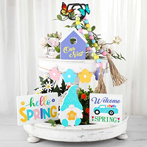 10 Pieces Easter Tiered Tray Decoration Hello Spring Tiered Tray Decor Farmhouse Wood Decor Fresh Flower Market Home Gnome 3D Sign Seasonal Bloom Butterfly Kitchen Wooden Ornament (Flower Style)