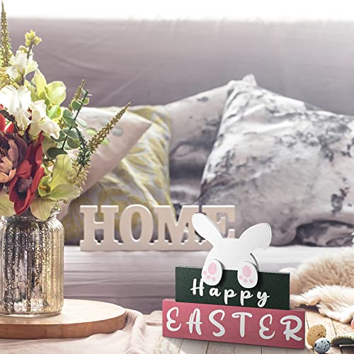 Happy Easter Wooden Signs Easter Tiered Tray Decorations Easter Bunny Rabbits Tabletop Signs Religious Decor Sign Spring Seasonal Decor for Home Tabletop Decorations