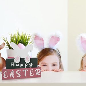 Happy Easter Wooden Signs Easter Tiered Tray Decorations Easter Bunny Rabbits Tabletop Signs Religious Decor Sign Spring Seasonal Decor for Home Tabletop Decorations