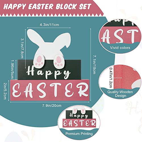 Happy Easter Wooden Signs Easter Tiered Tray Decorations Easter Bunny Rabbits Tabletop Signs Religious Decor Sign Spring Seasonal Decor for Home Tabletop Decorations