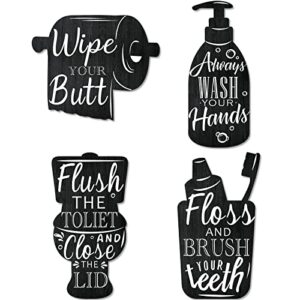 4 pcs bathroom wooden wall signs wash brush floss flush sign wall decor vintage bathroom wall art home bathroom laundry room decor, black