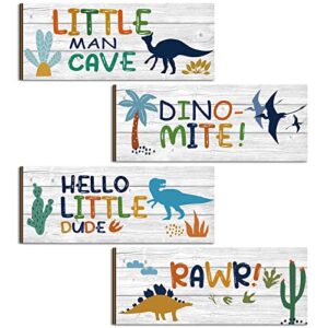 4 pcs dinosaur room bedroom decor boys dinosaur wall decor, motivational quote wood dinosaur decorations hanging sign prints plaques for boy kids nursery playroom (simple style)