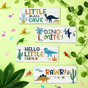 4 Pcs Dinosaur Room Bedroom Decor Boys Dinosaur Wall Decor, Motivational Quote Wood Dinosaur Decorations Hanging Sign Prints Plaques for Boy Kids Nursery Playroom (Simple Style)