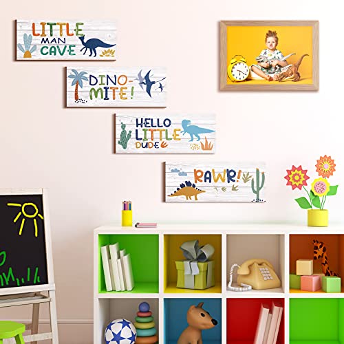 4 Pcs Dinosaur Room Bedroom Decor Boys Dinosaur Wall Decor, Motivational Quote Wood Dinosaur Decorations Hanging Sign Prints Plaques for Boy Kids Nursery Playroom (Simple Style)