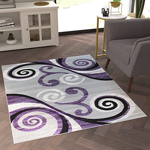 EMMA + OLIVER Helix 4x5 Scraped Look Ultra Soft Plush Pile Olefin Accent Rug in Purple, Gray, Black and White Swirl Pattern, Jute Backing