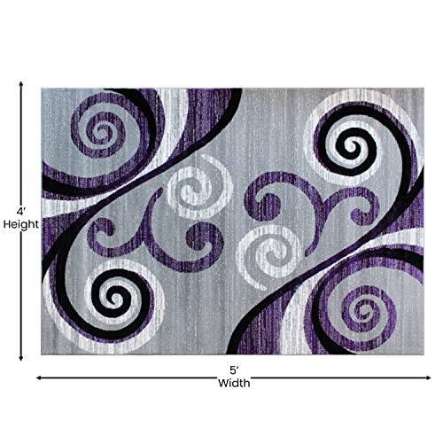 EMMA + OLIVER Helix 4x5 Scraped Look Ultra Soft Plush Pile Olefin Accent Rug in Purple, Gray, Black and White Swirl Pattern, Jute Backing