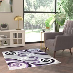 EMMA + OLIVER Helix 4x5 Scraped Look Ultra Soft Plush Pile Olefin Accent Rug in Purple, Gray, Black and White Swirl Pattern, Jute Backing