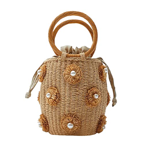 NIBD Flower Pearls Rattan Tote Bag Summer Beach Drawstring Straw Bucket Bag Diamonds Woven Handbag (A Flower)