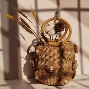 NIBD Flower Pearls Rattan Tote Bag Summer Beach Drawstring Straw Bucket Bag Diamonds Woven Handbag (A Flower)