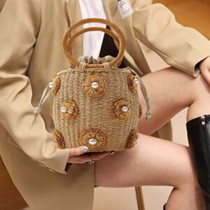 NIBD Flower Pearls Rattan Tote Bag Summer Beach Drawstring Straw Bucket Bag Diamonds Woven Handbag (A Flower)