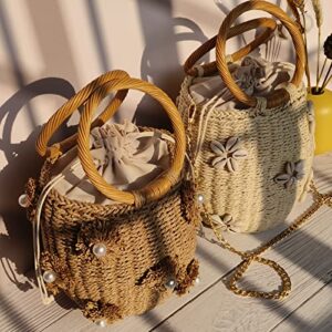 NIBD Flower Pearls Rattan Tote Bag Summer Beach Drawstring Straw Bucket Bag Diamonds Woven Handbag (A Flower)