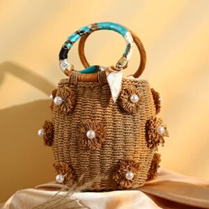 NIBD Flower Pearls Rattan Tote Bag Summer Beach Drawstring Straw Bucket Bag Diamonds Woven Handbag (A Flower)