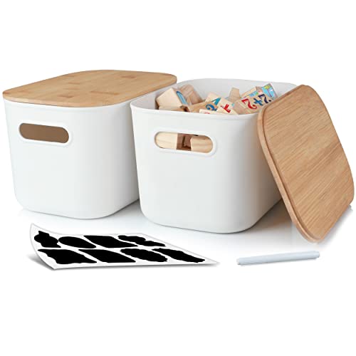 Citylife 2 PCS Storage Bins with Bamboo Lids & 10 PCS 1.3 QT Small Plastic Storage Container Stackable Box for Organizing