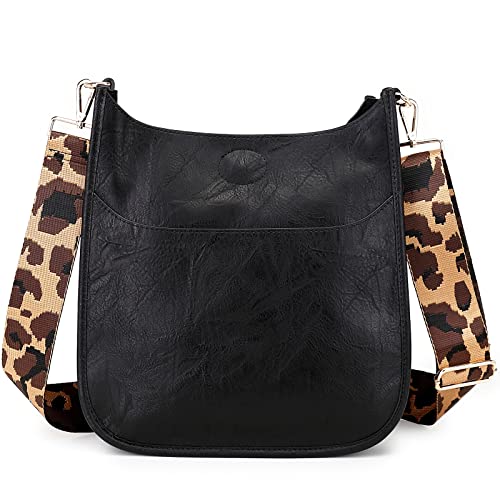 NOL Natural Organic Lifestyle Women Crossbody Handbag Retro Vegan Leather Messenger Bag with Romovable Leopard Shoulder Strap (Black Medium)