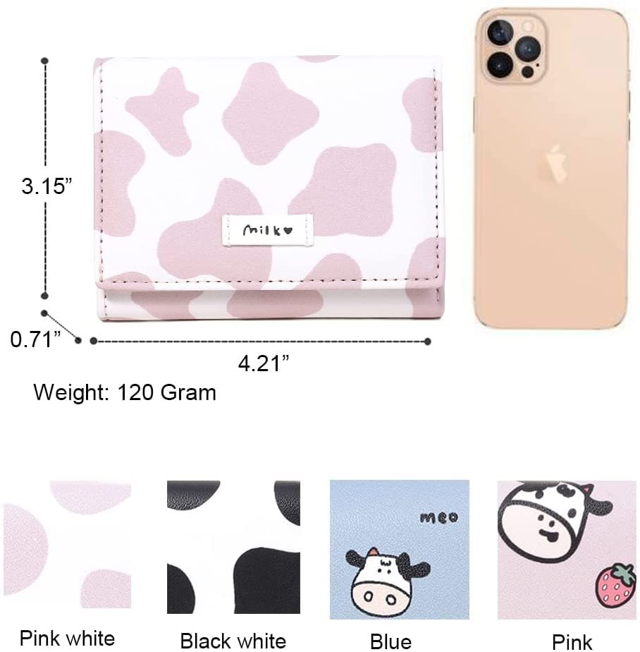 Lealonchi Girls Cute Cow Print Wallet Small Cartoon Tri-folded Wallet Cash Pocket Card Holder ID Window Multi-Card Purse for Women