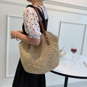 NIBD Hand-woven Soft Large Straw Shoulder Bag Retro Boho Tote Bags Summer Beach Woven bag Rattan Handbag (Off-white)