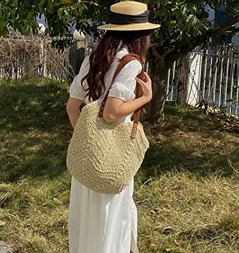 NIBD Hand-woven Soft Large Straw Shoulder Bag Retro Boho Tote Bags Summer Beach Woven bag Rattan Handbag (Off-white)