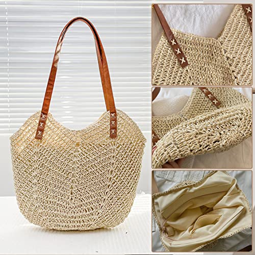 NIBD Hand-woven Soft Large Straw Shoulder Bag Retro Boho Tote Bags Summer Beach Woven bag Rattan Handbag (Off-white)