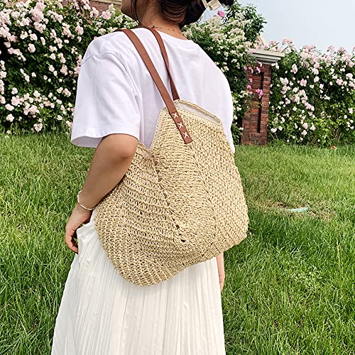 NIBD Hand-woven Soft Large Straw Shoulder Bag Retro Boho Tote Bags Summer Beach Woven bag Rattan Handbag (Off-white)