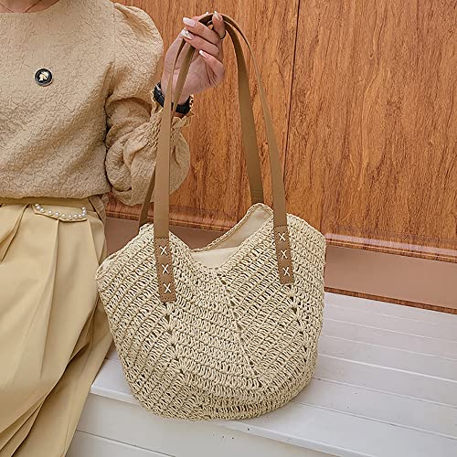 NIBD Hand-woven Soft Large Straw Shoulder Bag Retro Boho Tote Bags Summer Beach Woven bag Rattan Handbag (Off-white)