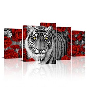 kalormore black and white tiger canvas wall art 5 pieces animal wildlife cool tiger in burgundy red flowers painting prints gallery wrap artwork for living room bedroom home office (l-50 xh-24)