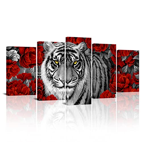 Kalormore Black and White Tiger Canvas Wall Art 5 Pieces Animal Wildlife Cool Tiger in Burgundy Red Flowers Painting Prints Gallery Wrap Artwork for Living Room Bedroom Home Office (L-50 xH-24)