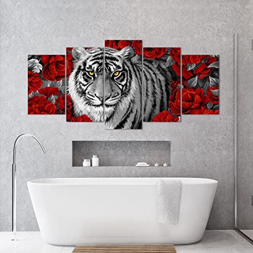 Kalormore Black and White Tiger Canvas Wall Art 5 Pieces Animal Wildlife Cool Tiger in Burgundy Red Flowers Painting Prints Gallery Wrap Artwork for Living Room Bedroom Home Office (L-50 xH-24)