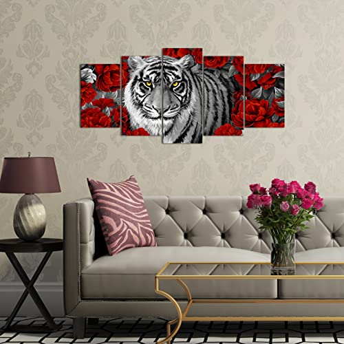 Kalormore Black and White Tiger Canvas Wall Art 5 Pieces Animal Wildlife Cool Tiger in Burgundy Red Flowers Painting Prints Gallery Wrap Artwork for Living Room Bedroom Home Office (L-50 xH-24)