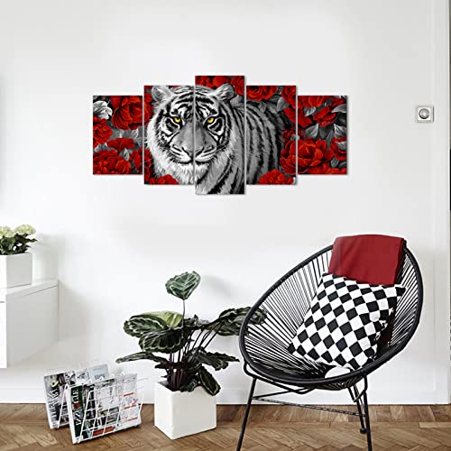 Kalormore Black and White Tiger Canvas Wall Art 5 Pieces Animal Wildlife Cool Tiger in Burgundy Red Flowers Painting Prints Gallery Wrap Artwork for Living Room Bedroom Home Office (L-50 xH-24)