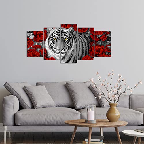 Kalormore Black and White Tiger Canvas Wall Art 5 Pieces Animal Wildlife Cool Tiger in Burgundy Red Flowers Painting Prints Gallery Wrap Artwork for Living Room Bedroom Home Office (L-50 xH-24)