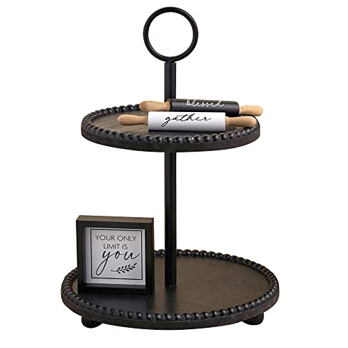 Defined Deco Beaded Black Tiered Tray with 3pcs Tiered Tray Decor for Farmhouse Home Decor, Two Tiered Serving Tray Stand with Decorative Signs and Wooden Plaques for Farmhouse Kitchen Decor