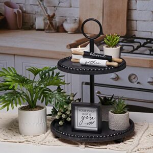 Defined Deco Beaded Black Tiered Tray with 3pcs Tiered Tray Decor for Farmhouse Home Decor, Two Tiered Serving Tray Stand with Decorative Signs and Wooden Plaques for Farmhouse Kitchen Decor